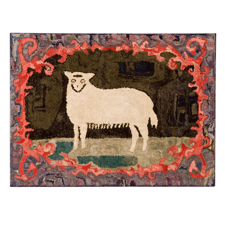 hooked rug of a Sheep For Sale at 1stDibs