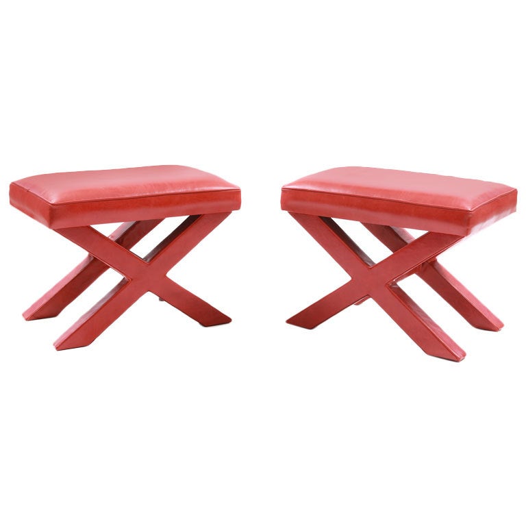 Pair of Coral Leather X Ottomans at 1stDibs
