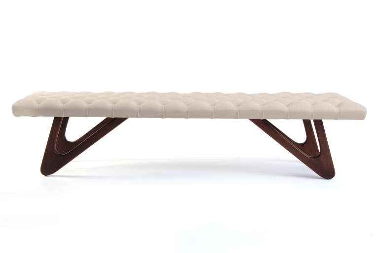 Sculpted Walnut and Tufted White Leather Bench at 1stDibs
