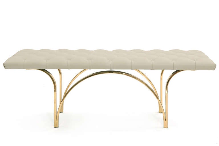 Chic Leather and Brass Diamond Tufted Bench at 1stDibs
