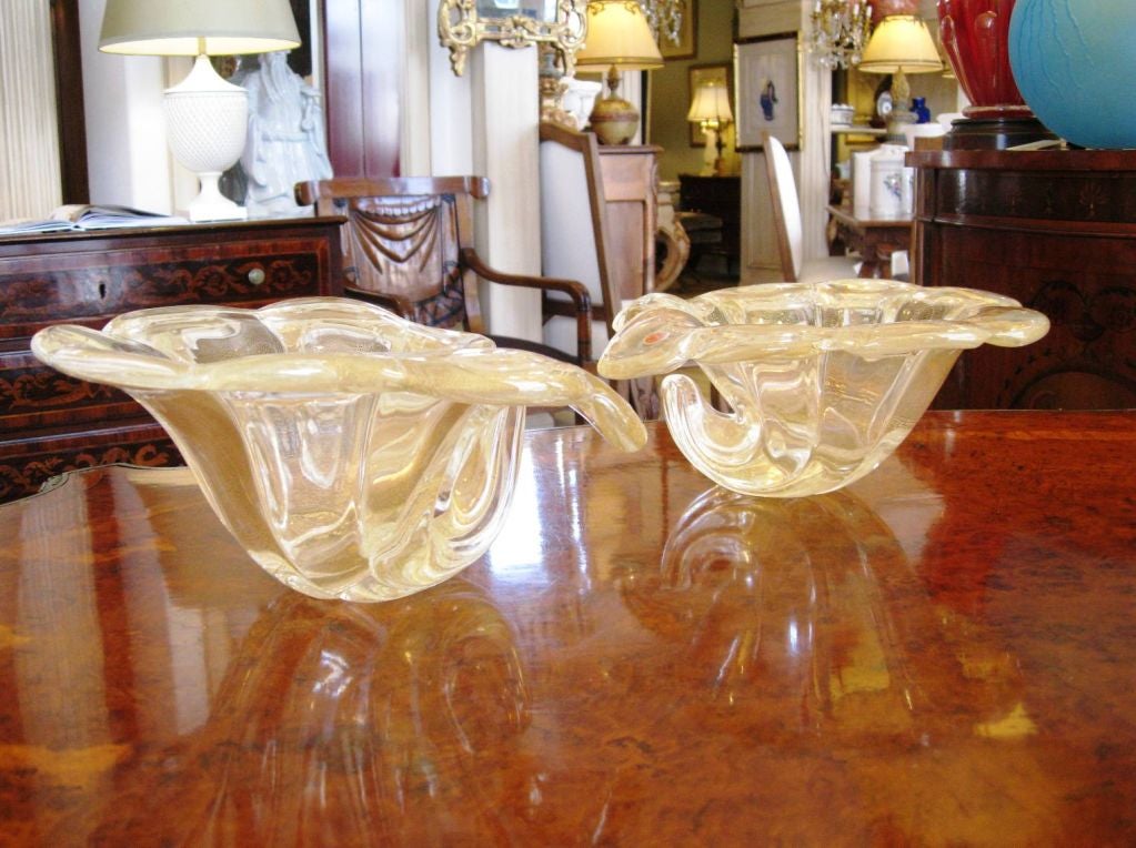 Pair of Mid-Century Murano Glass Cornucopia with Gold Fleck at 1stDibs