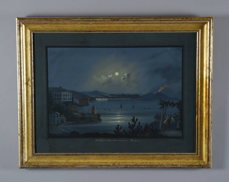 Gouache Attributed to Giuseppe Scoppa, Moonlit Bay of Naples with Mount ...