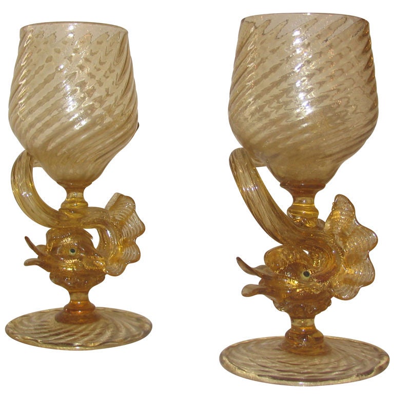 Pair of Small Antique Gold Murano Glass Dolphin Goblets at 1stDibs