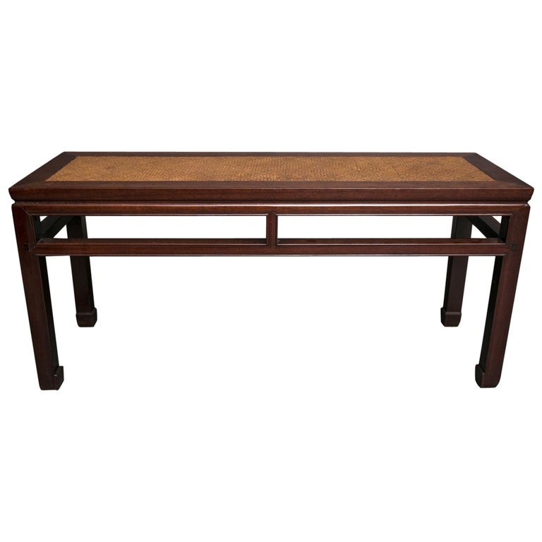 Rosewood Chinese Long Table with Woven Bamboo Top For Sale at 1stDibs
