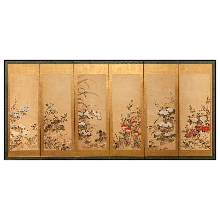 Japanese Six Panel Screen: Flowering Plants For Sale at 1stDibs