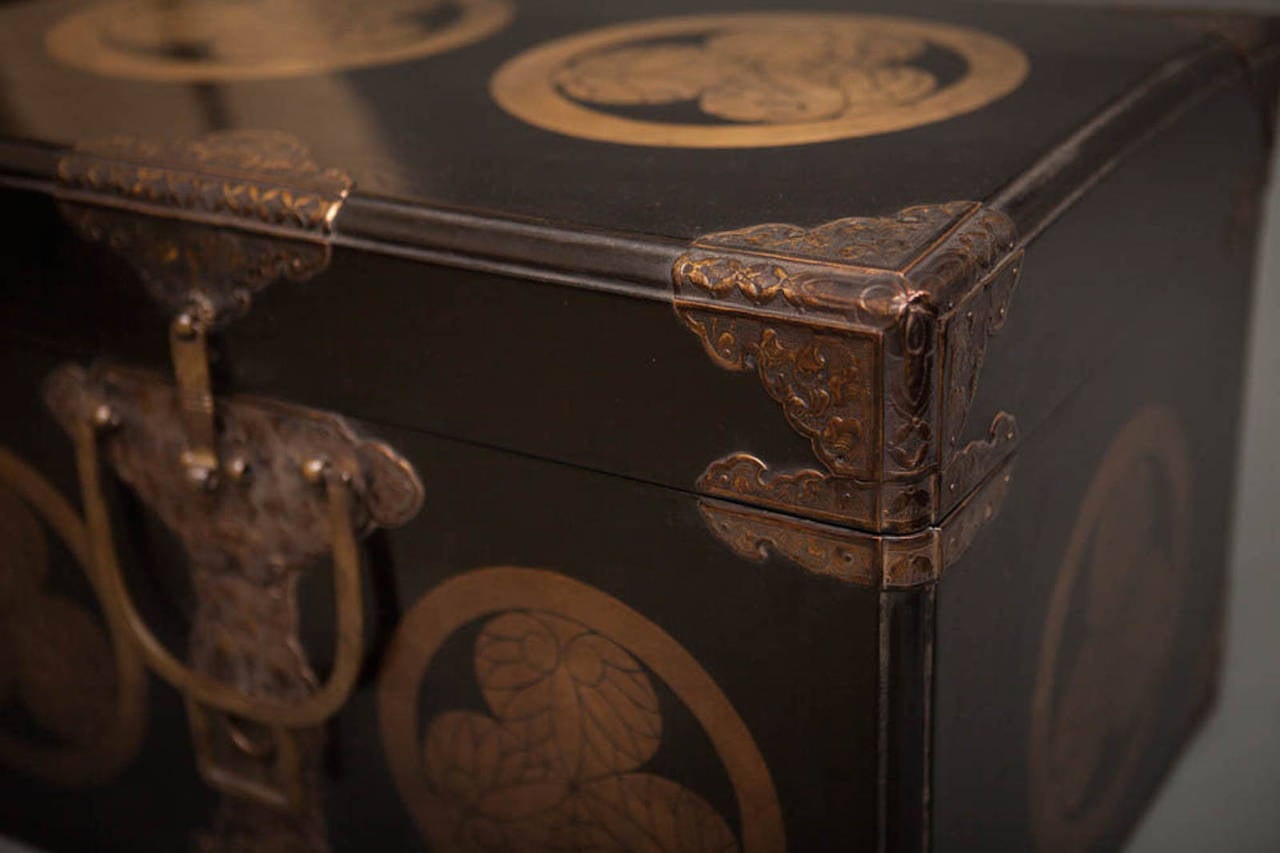 Japanese Black Lacquer Fabric Storage Box with Gold Chrysanthemum ...