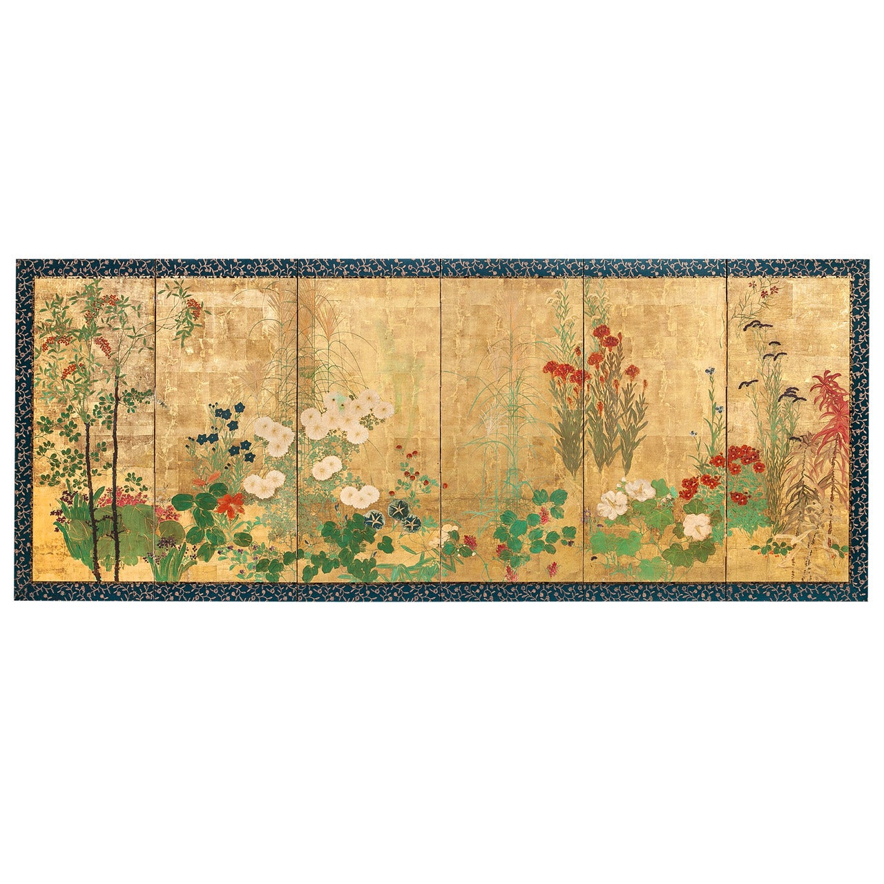 Japanese Six Panel Screen, Rimpa-Style Garden Landscape For Sale at 1stDibs