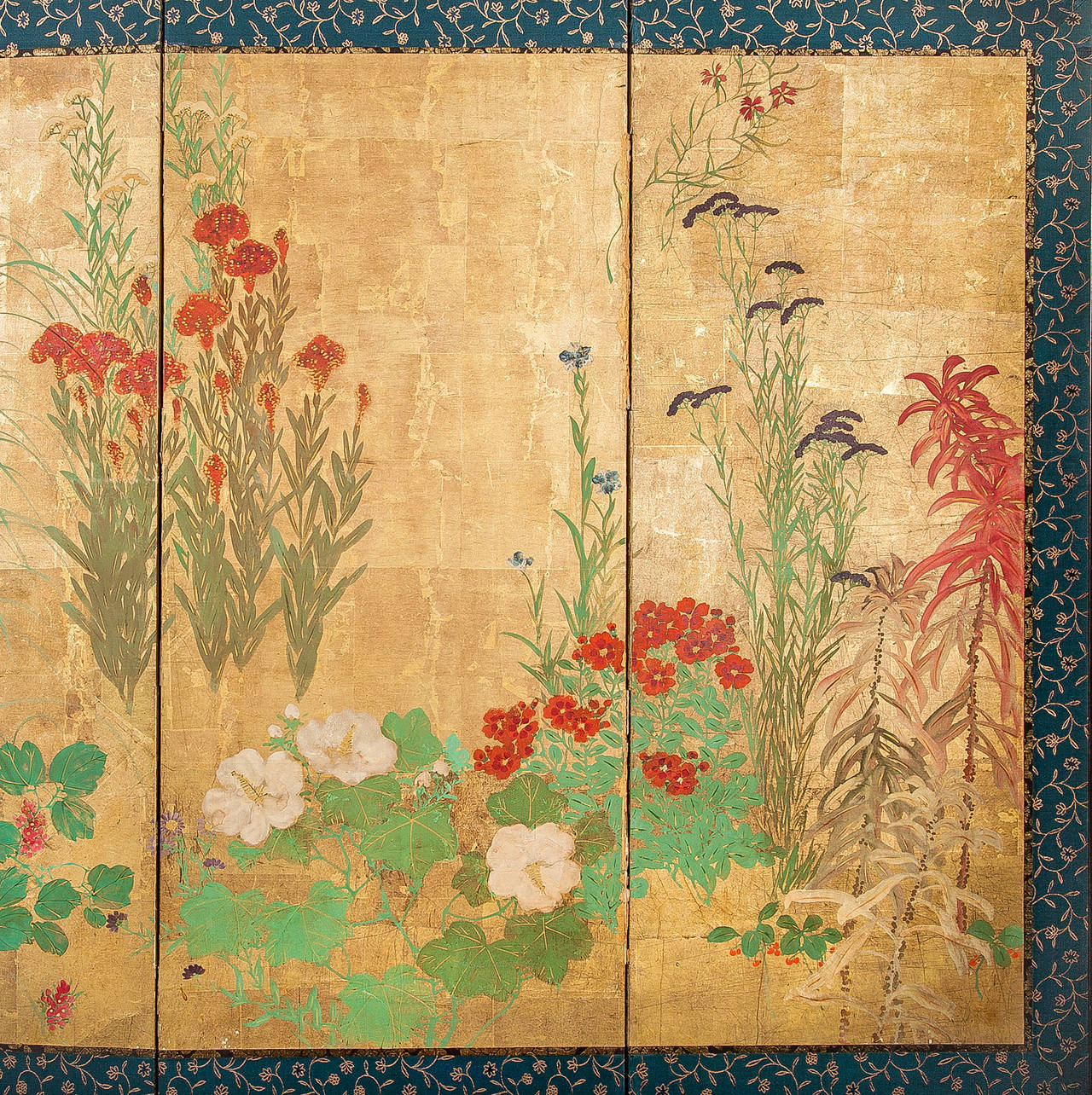 Japanese Six Panel Screen, Rimpa-Style Garden Landscape For Sale at 1stDibs