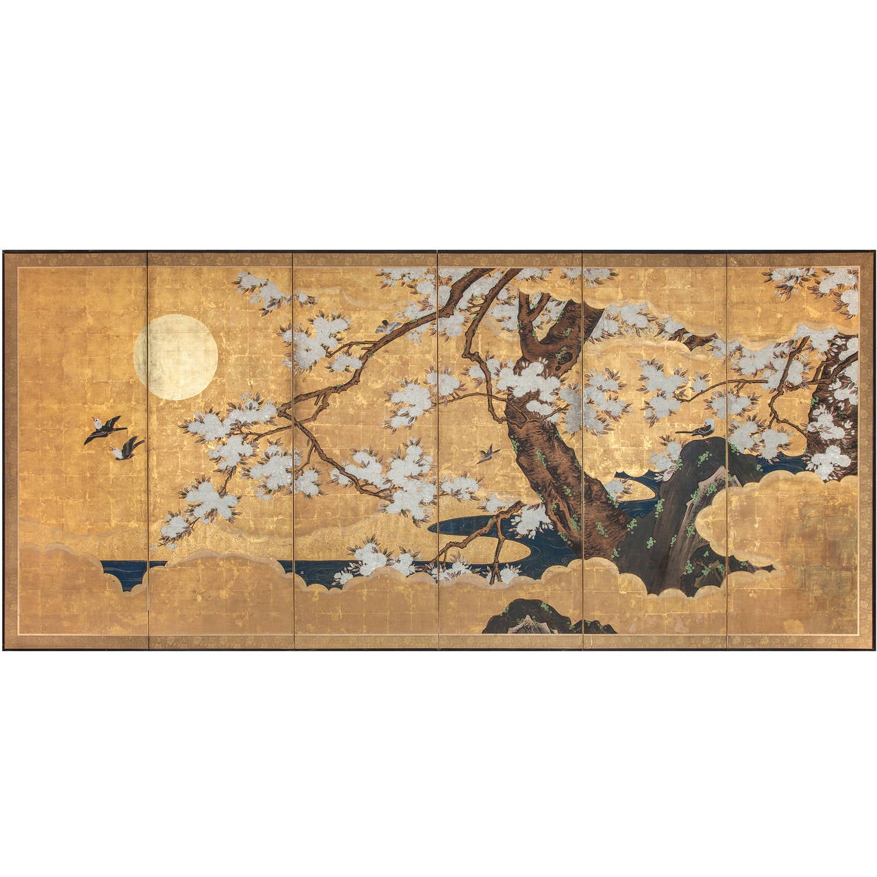 Japanese Screen Gold on Gold, Cherry Blossoms with Sun at 1stDibs