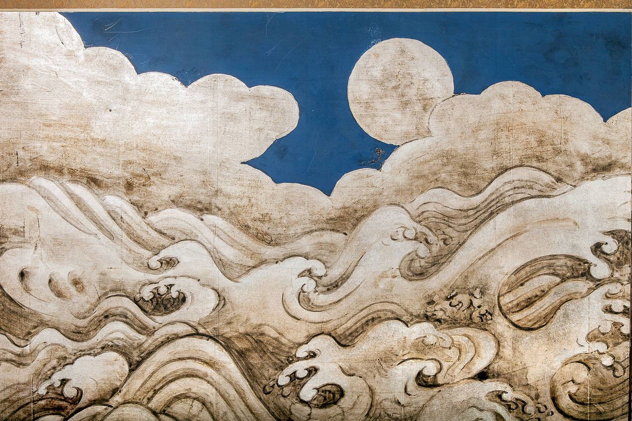 Japanese Screen Painting of Moon over Waves at 1stDibs