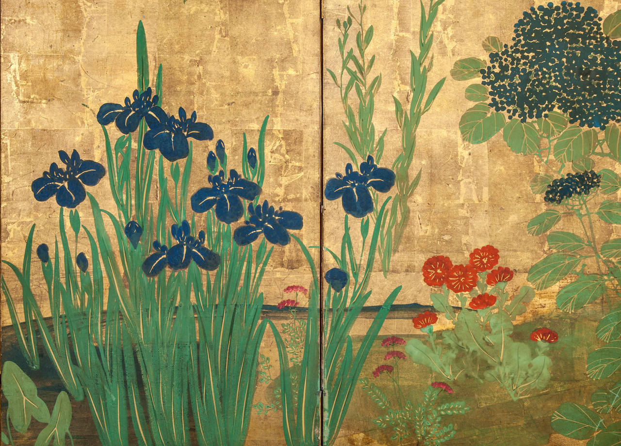 Japanese Screen Rimpa Style Garden Landscape at 1stDibs