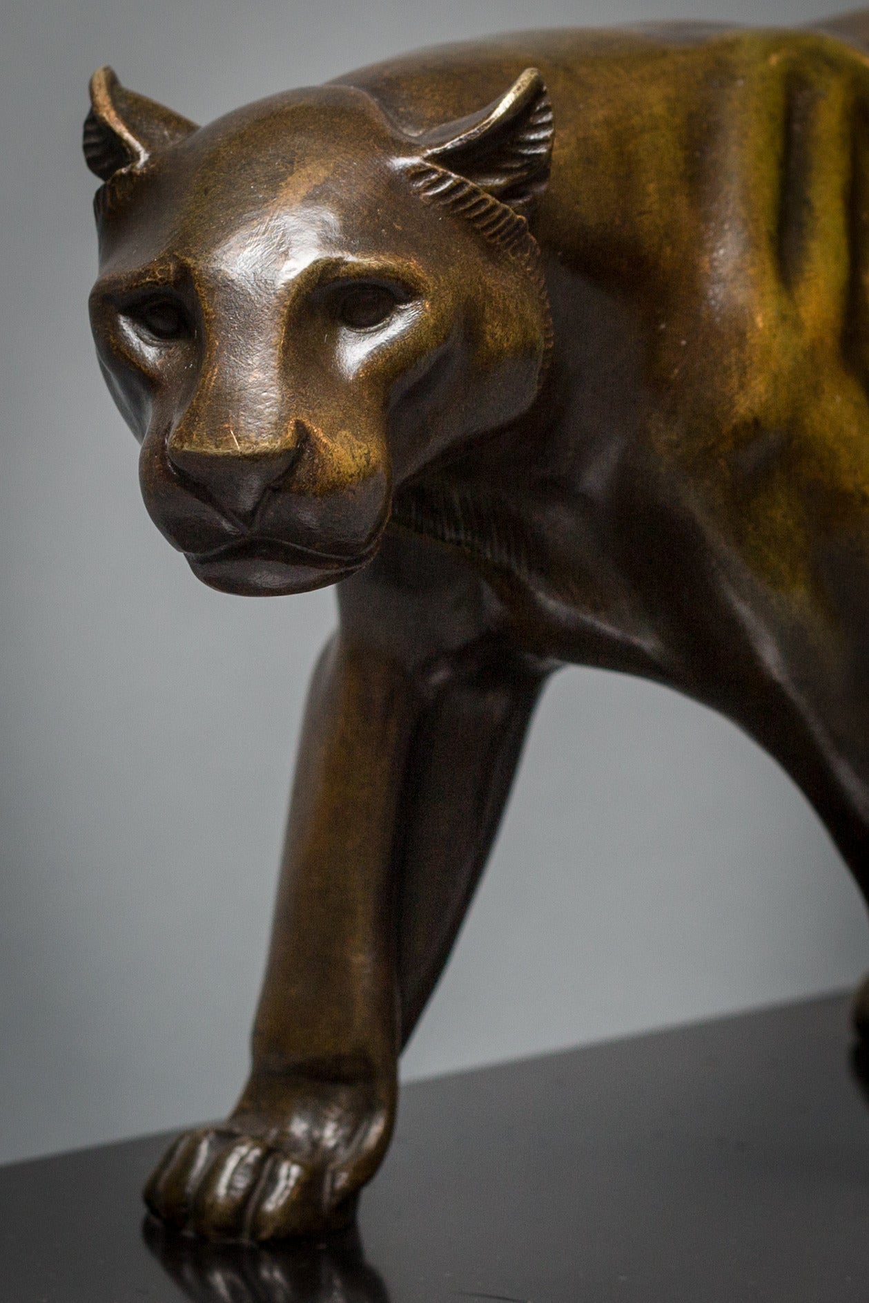Patinated Bronze Cat on a Black Marble Base at 1stDibs