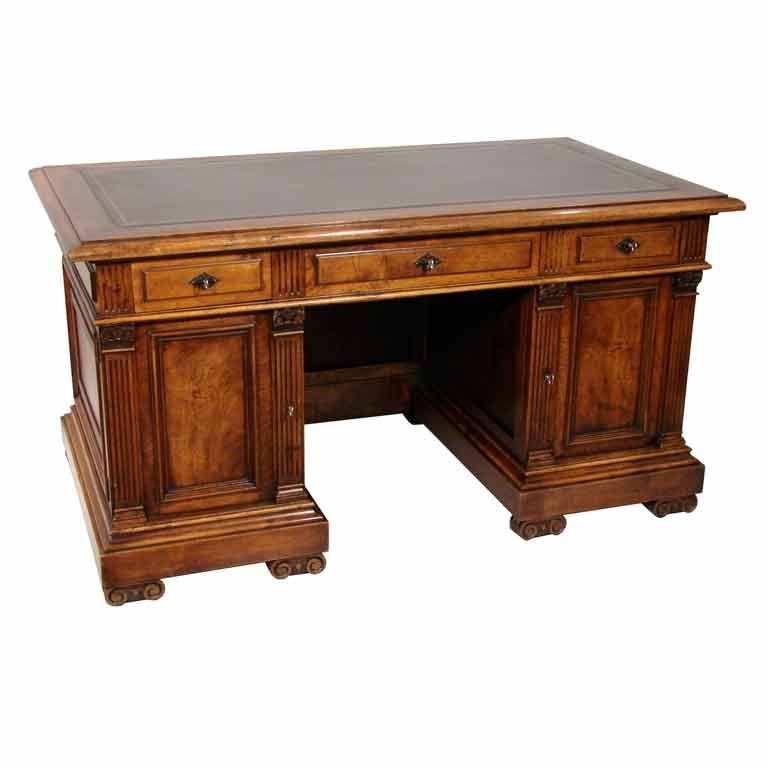 Continental neoclassical walnut pedestal desk at 1stDibs