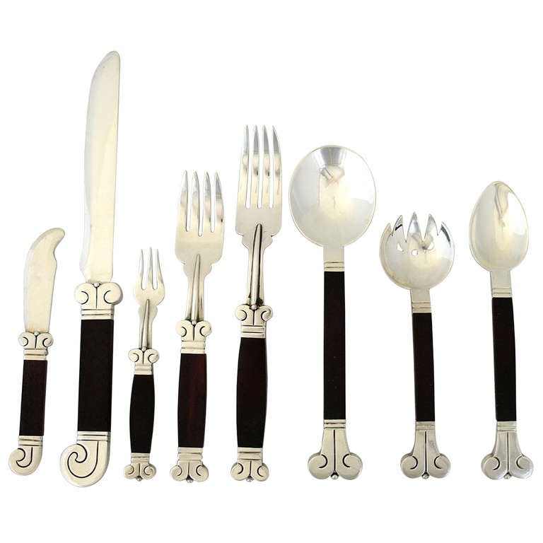 Monumental Hector Aguilar Sterling Silver and Rosewood Aztec 110 Pc ...