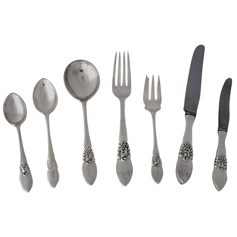 Carl Poul Petersen Hand Made 76 pc Sterling Silver Flatware Set at 1stDibs