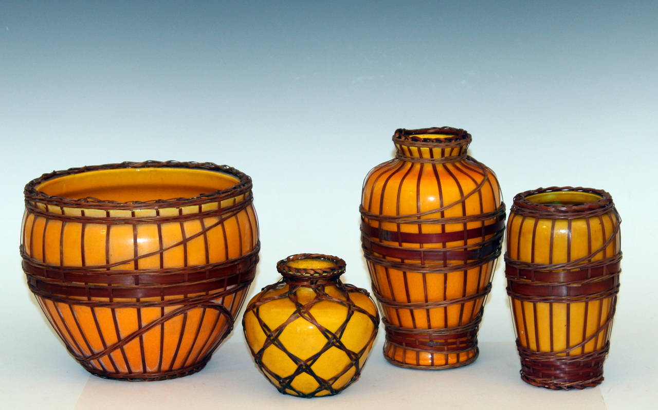 Yellow Art and Crafts Awaji Pottery with Bamboo Weaving at 1stDibs