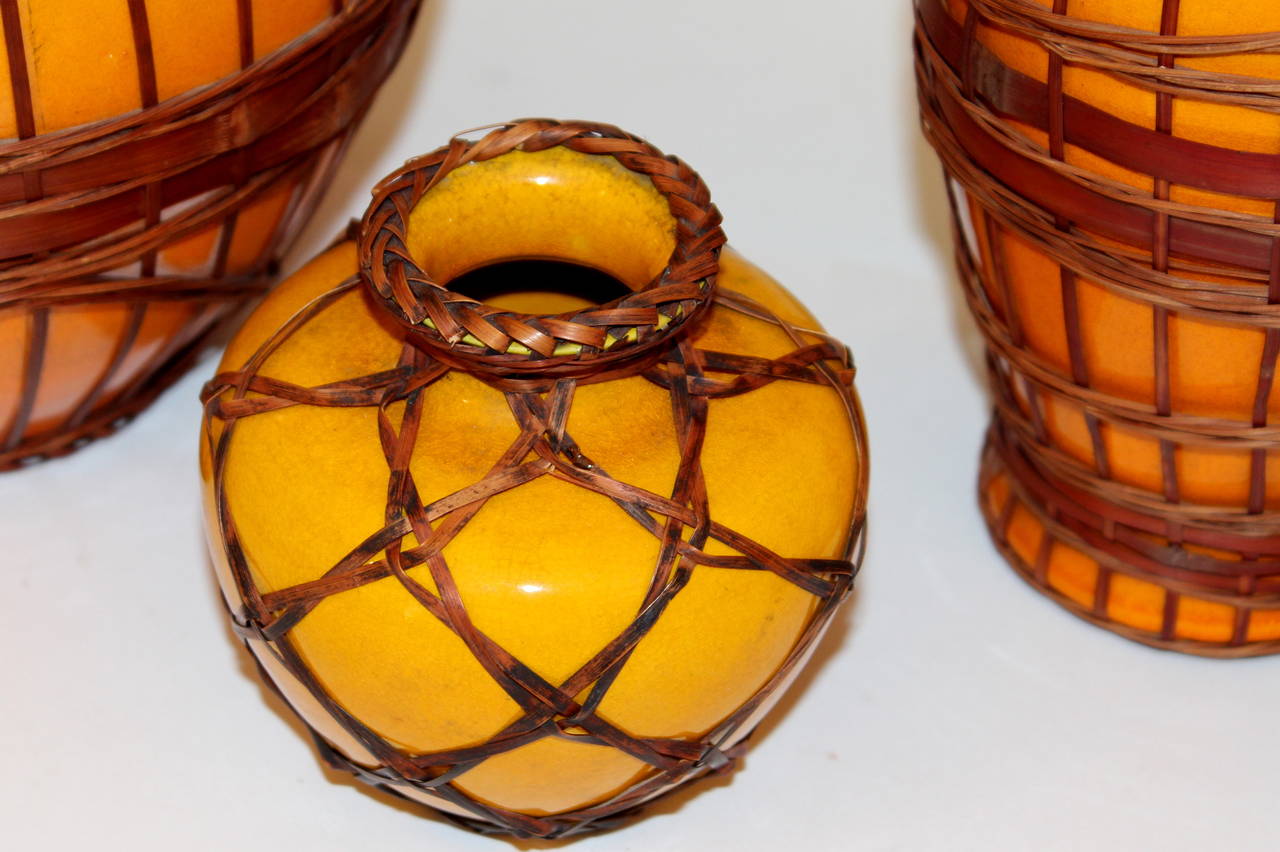Yellow Art and Crafts Awaji Pottery with Bamboo Weaving at 1stDibs