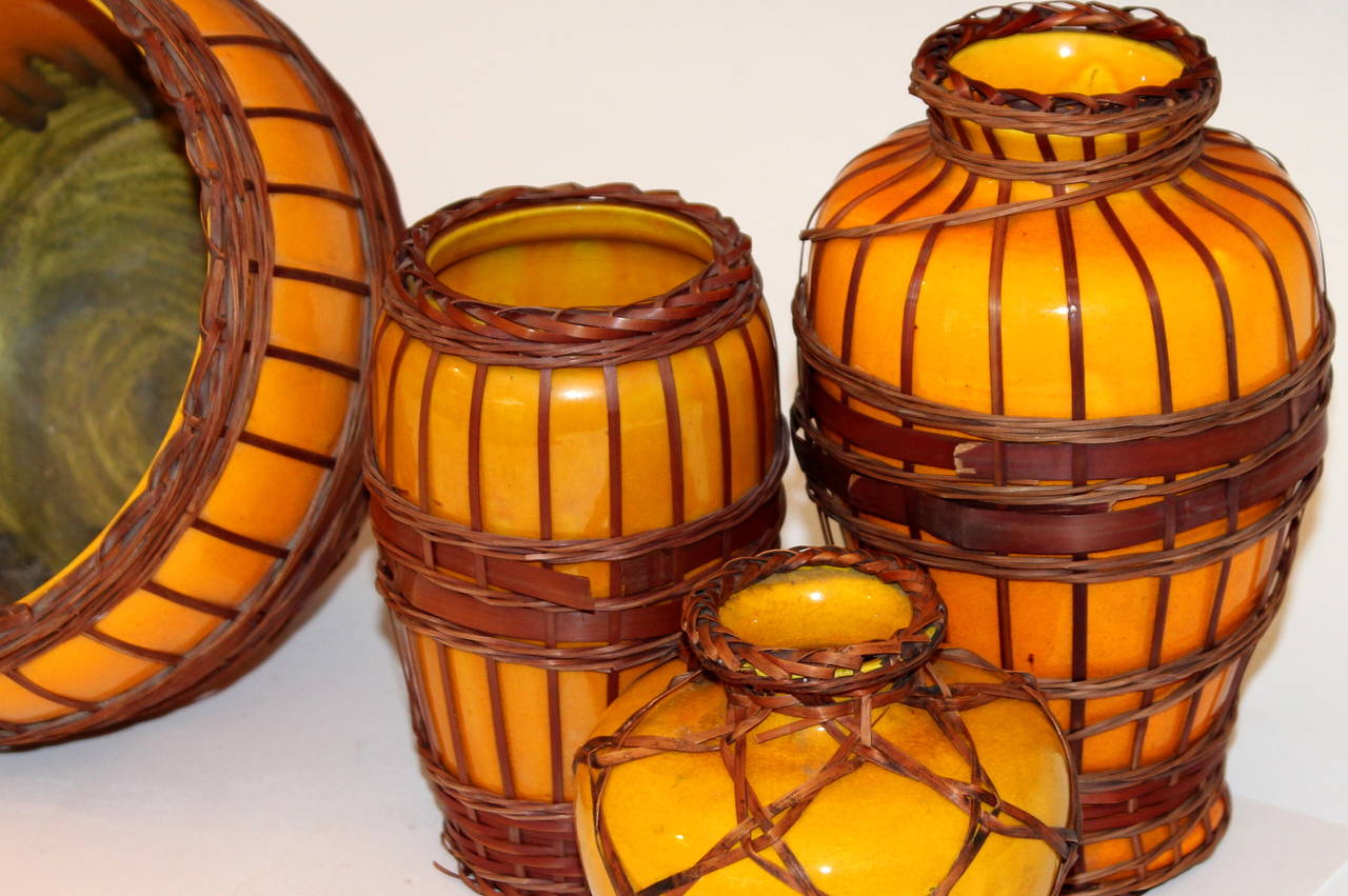 Yellow Art and Crafts Awaji Pottery with Bamboo Weaving at 1stDibs