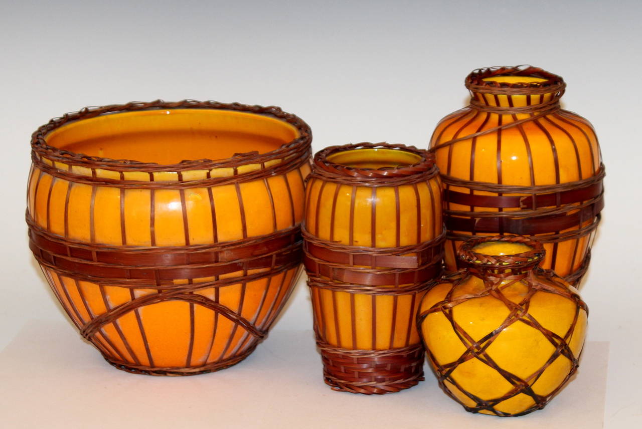 Yellow Art and Crafts Awaji Pottery with Bamboo Weaving at 1stDibs