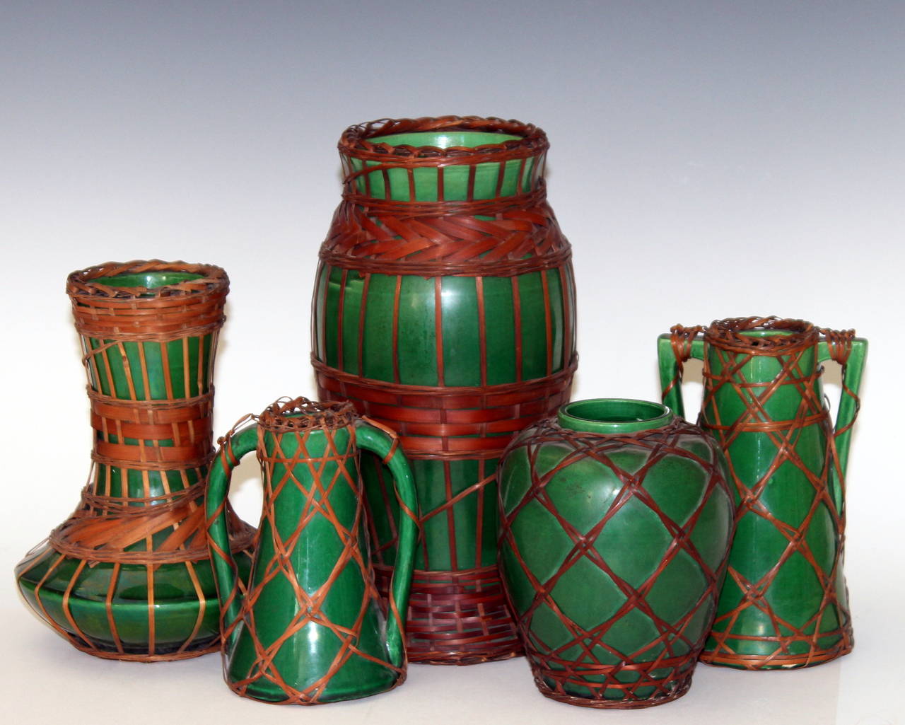 Green Arts and Crafts Awaji Pottery Vases with Bamboo Weaving at 1stDibs
