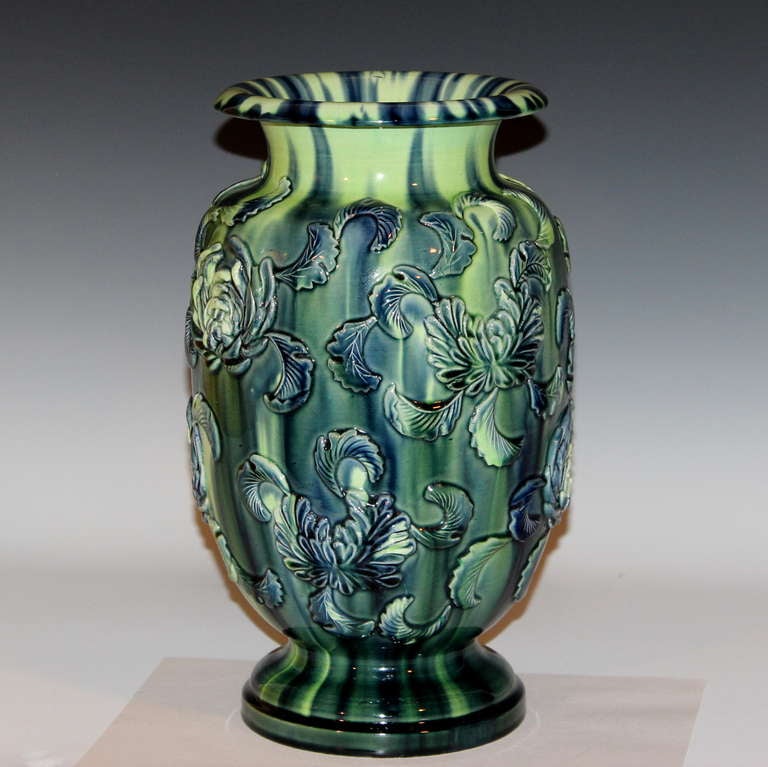 Antique Kyoto Pottery Vase with Applied Chrysanthemums For Sale at 1stDibs