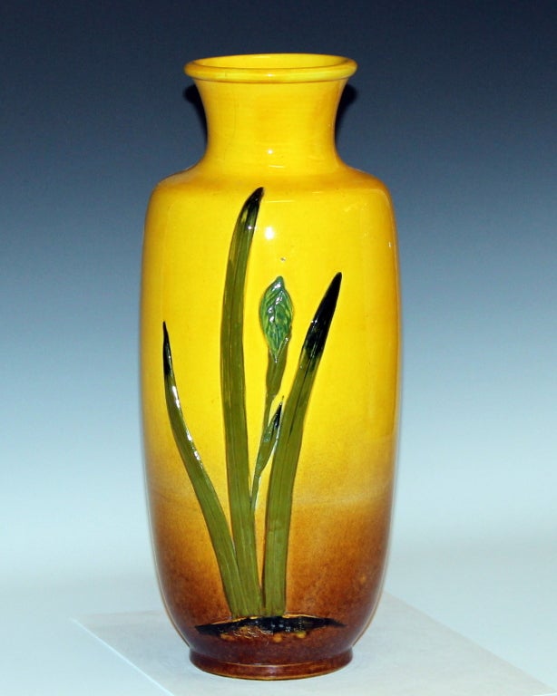 Antique Awaji Pottery Vase with Applied Irises on Yellow Ground For ...