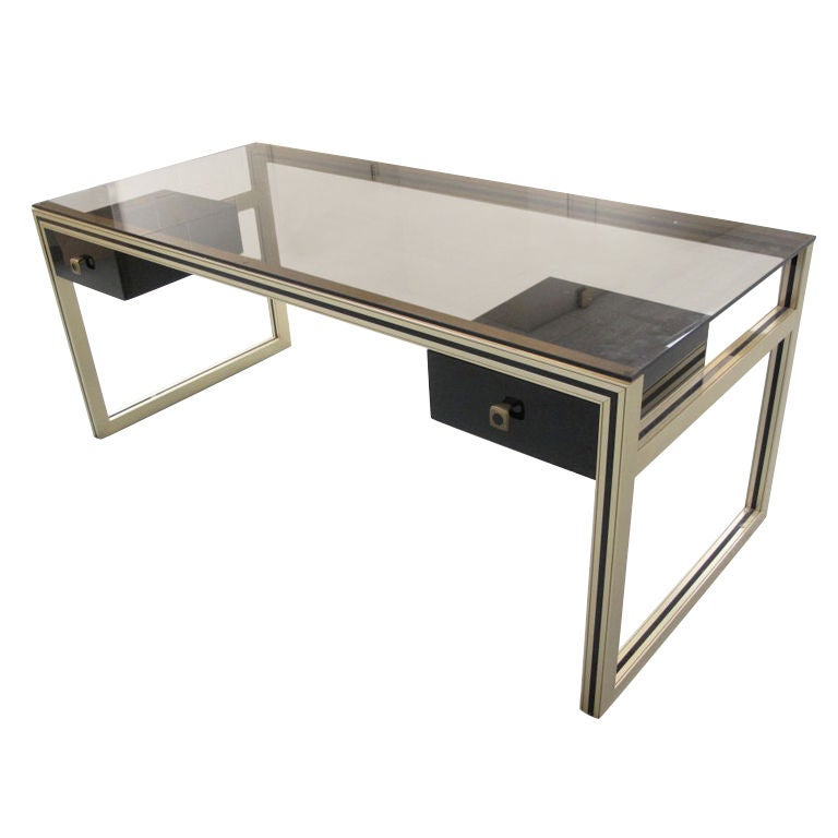 1970's French Brass Frame Desk with Smoke Glass Top at 1stDibs