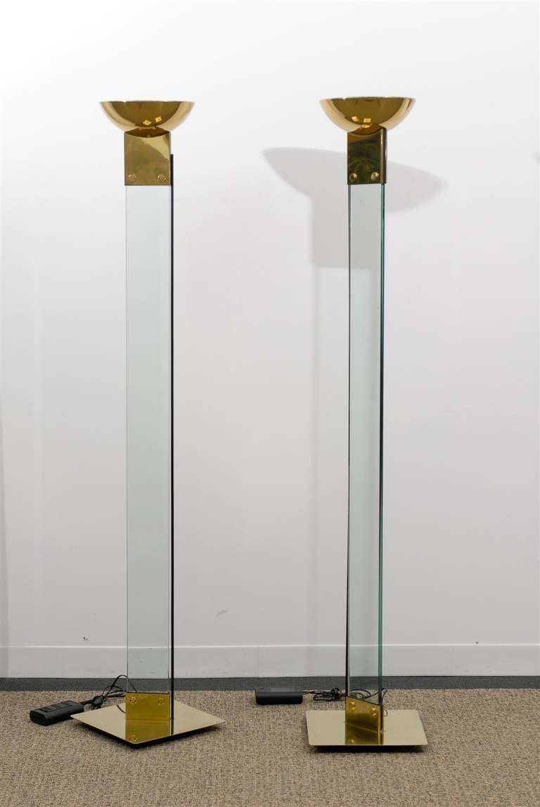 Amazing Pair of Vintage Italian Brass and Glass Torchieres at 1stDibs