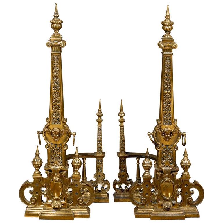 Exquisite Pair of Monumental Andirons in Bronze For Sale at 1stDibs