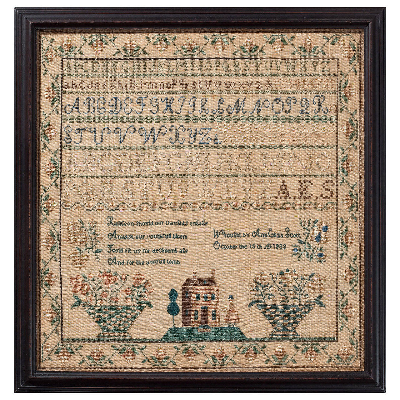 Classic American Needlework Sampler, dated 1833 at 1stDibs
