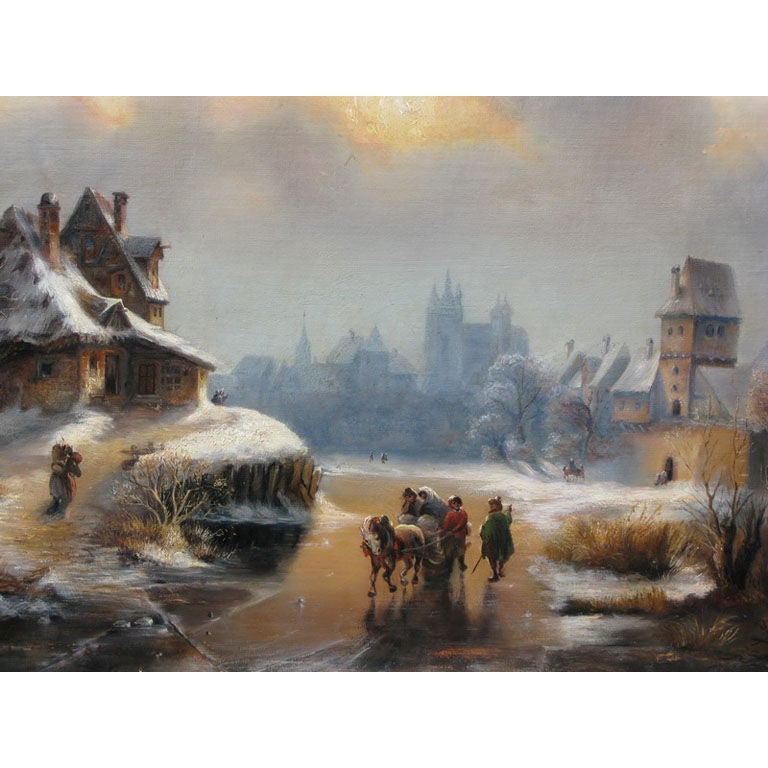 19th Century German painter: Winter in the village c. 1850 at 1stDibs