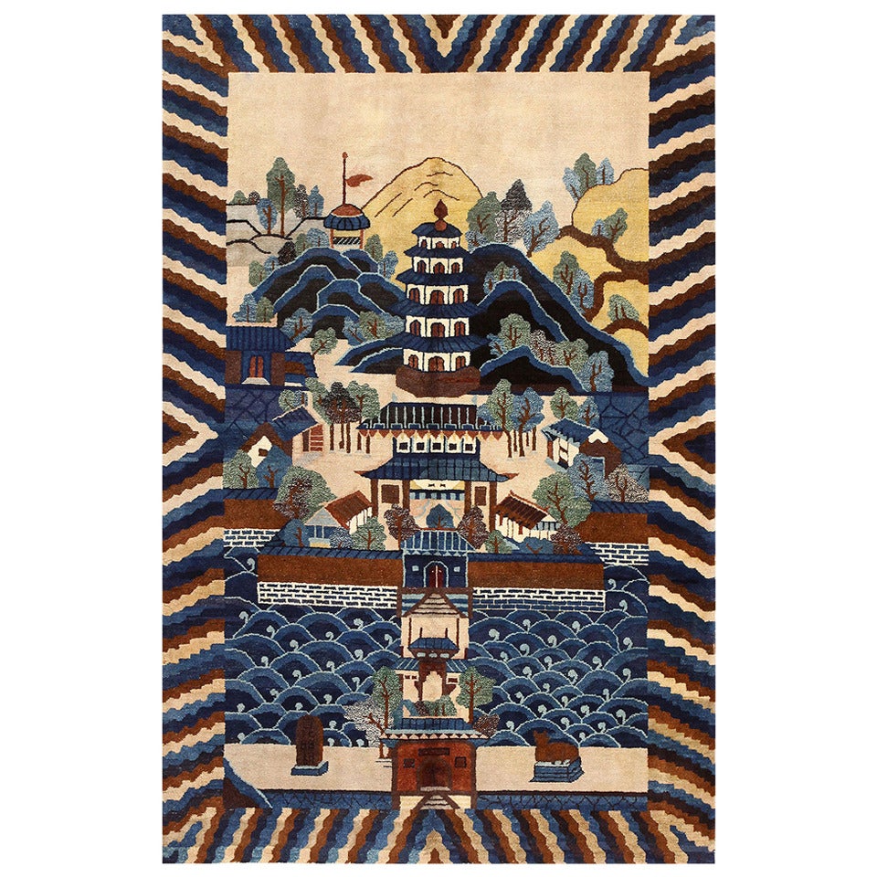 Chinese Deco Rug with Pagoda Scene at 1stDibs