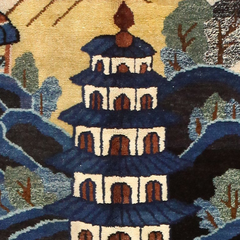 Chinese Deco Rug with Pagoda Scene at 1stDibs