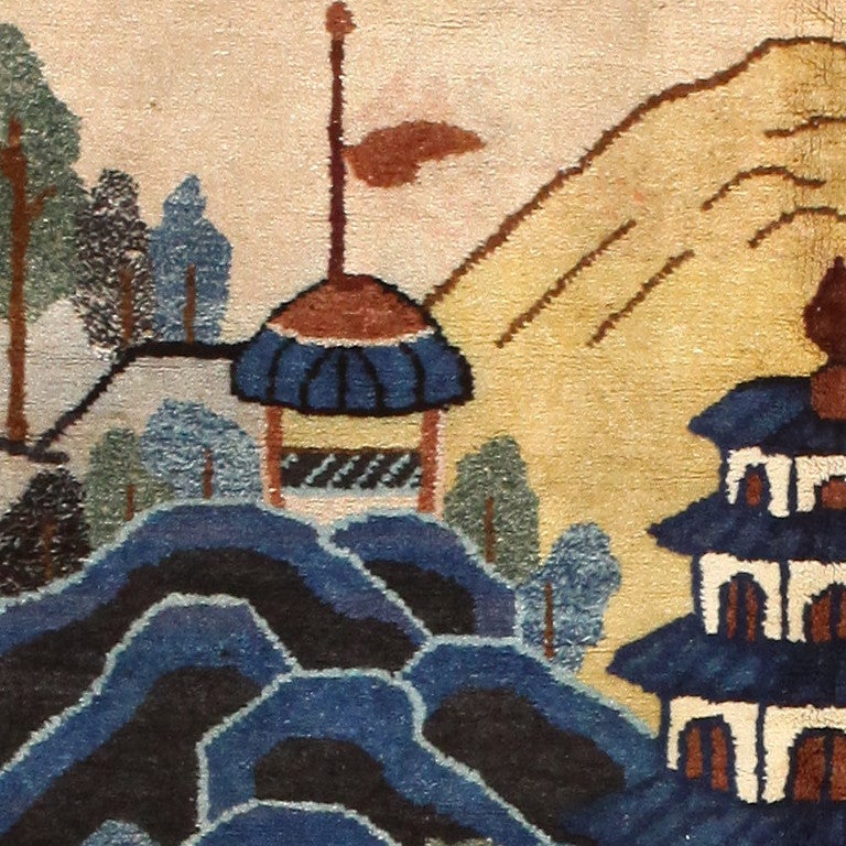 Chinese Deco Rug with Pagoda Scene at 1stDibs