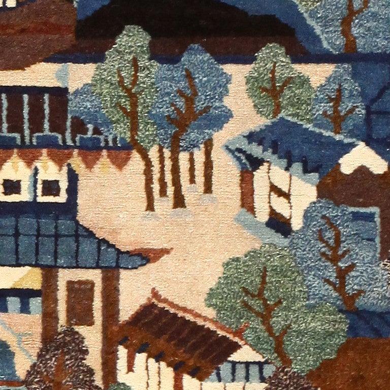 Chinese Deco Rug with Pagoda Scene at 1stDibs