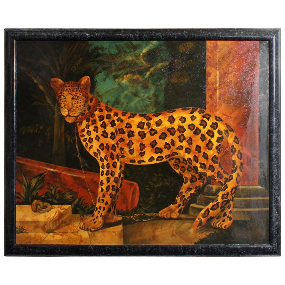 Large Oil on Canvas Painting of a Leopard at 1stDibs