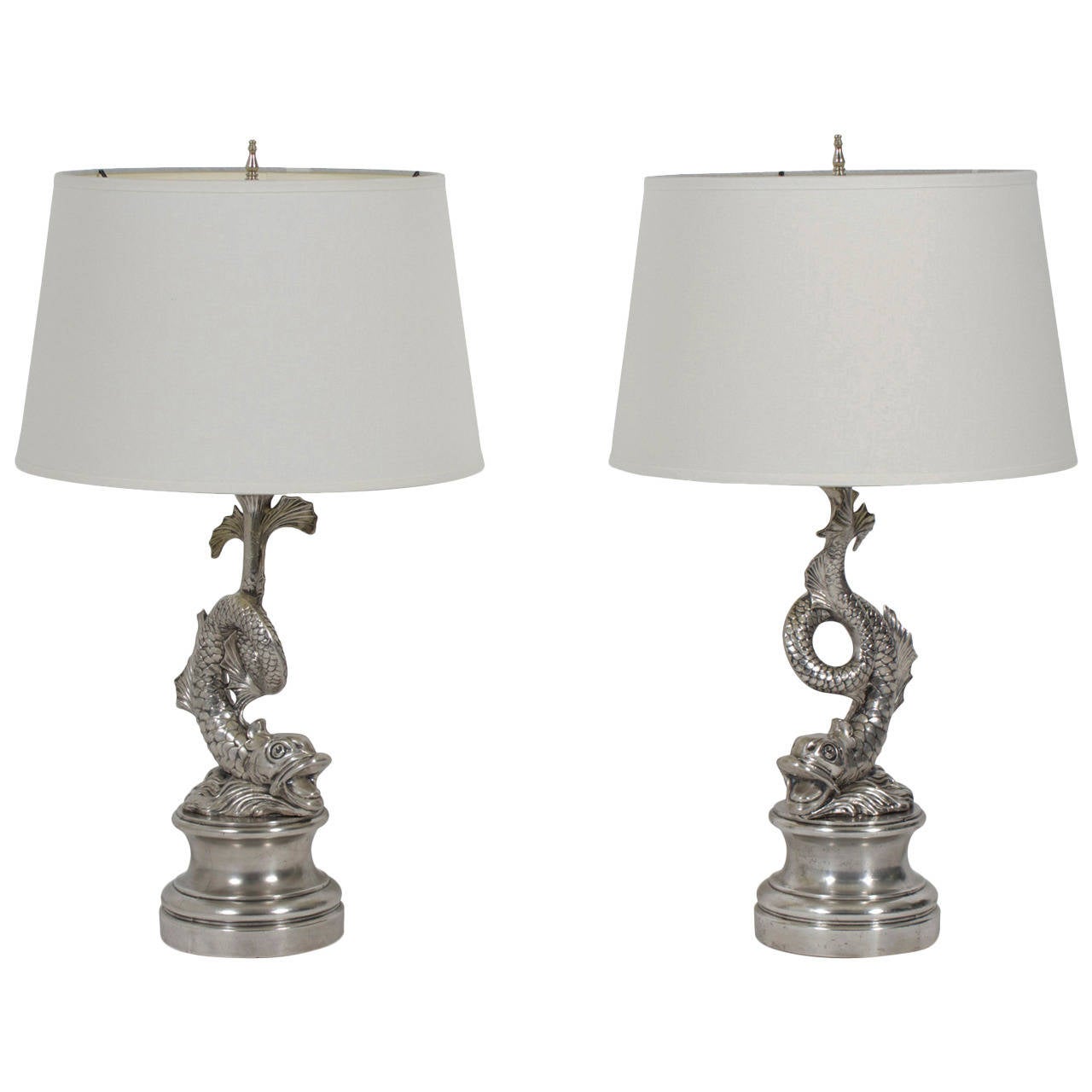 Pair of Silvered Metal Dolphin Table Lamps at 1stDibs