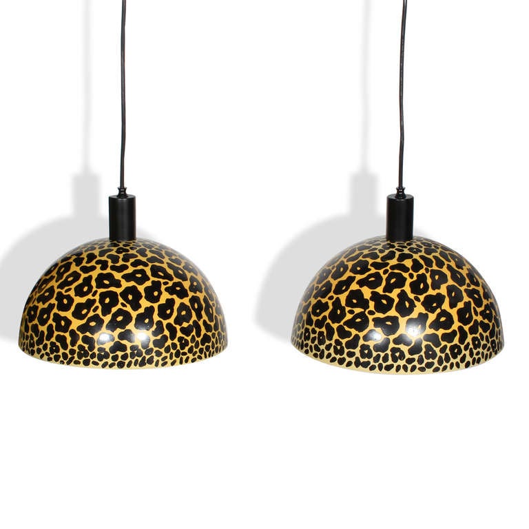 Pair of Painted Leopard Print Pendant Lights For Sale at 1stDibs