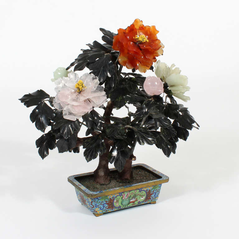 Mid Century Large Chinese Hardstone Flowering Tree in a Cloisonne Base ...