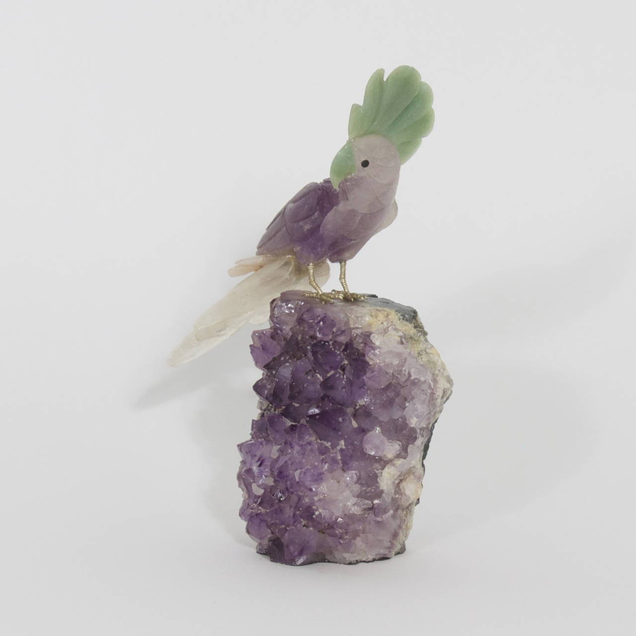 Amusing Hardstone Parrot Perched on an Amethyst Geode at 1stDibs