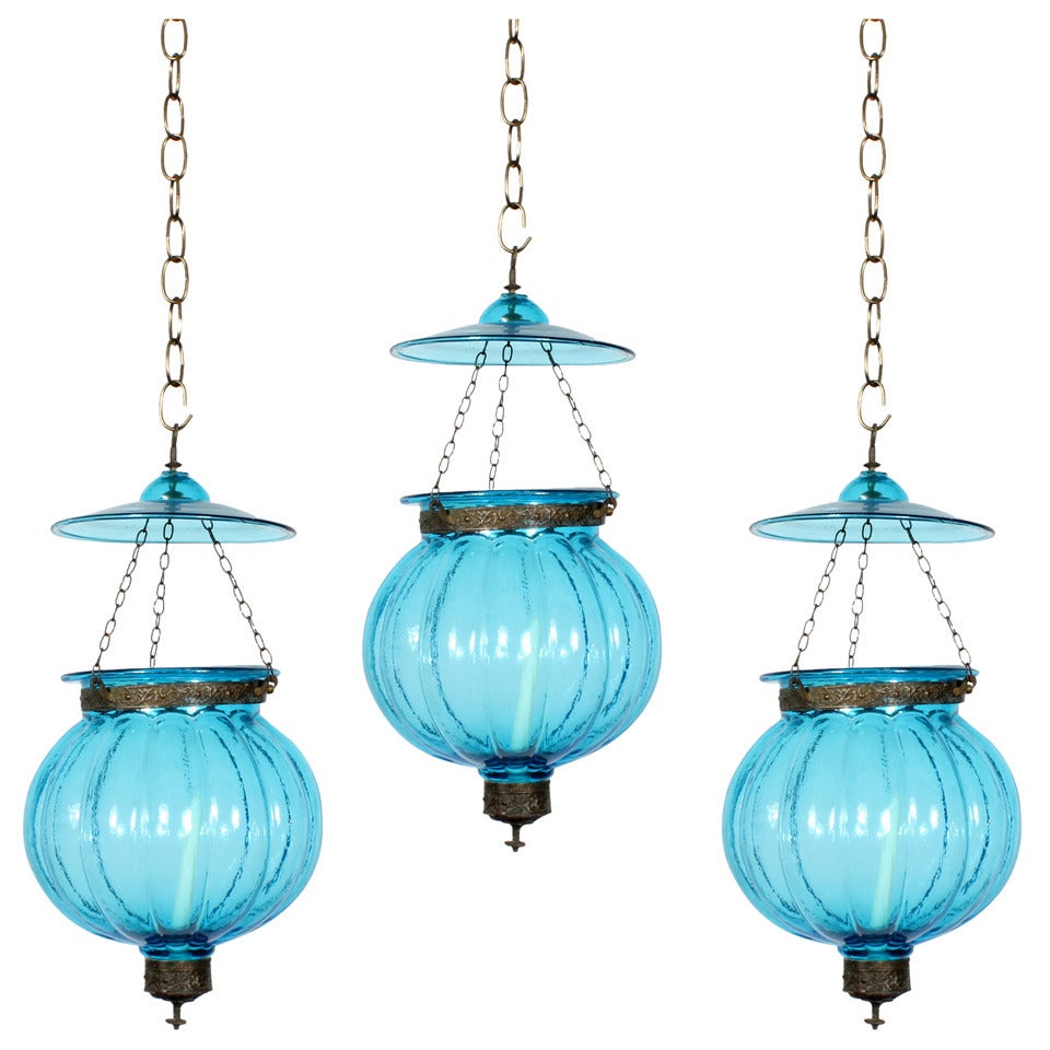 3 Anglo Indian Late 19th C. Colored Glass Bell Jar Lanterns or Pendants ...