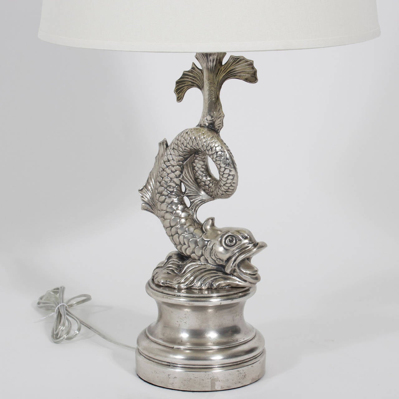 Pair of Silvered Metal Dolphin Table Lamps at 1stDibs