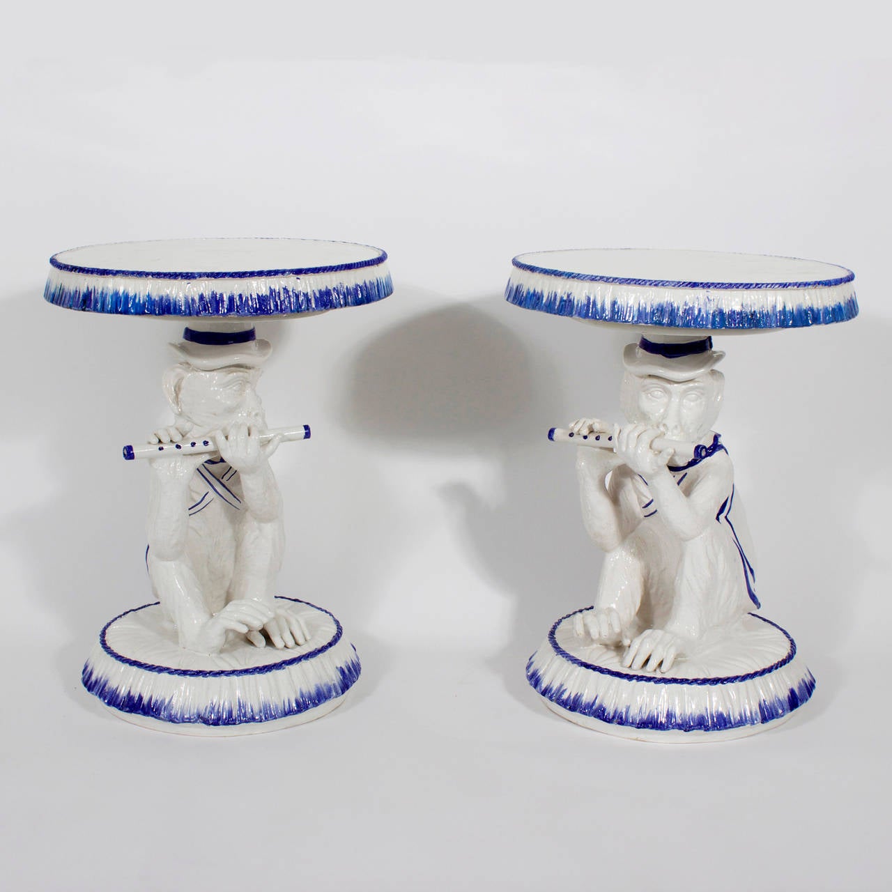 Pair of Vintage Blue and White Terra Cotta Monkey Tables at 1stDibs