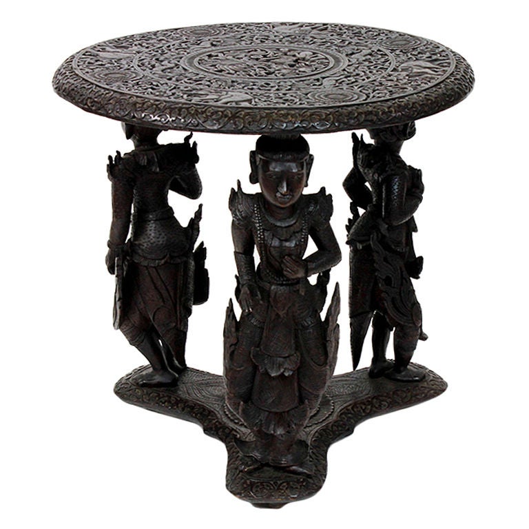 Exceptional Anglo-Indian Three-Figure Carved Round Table at 1stDibs