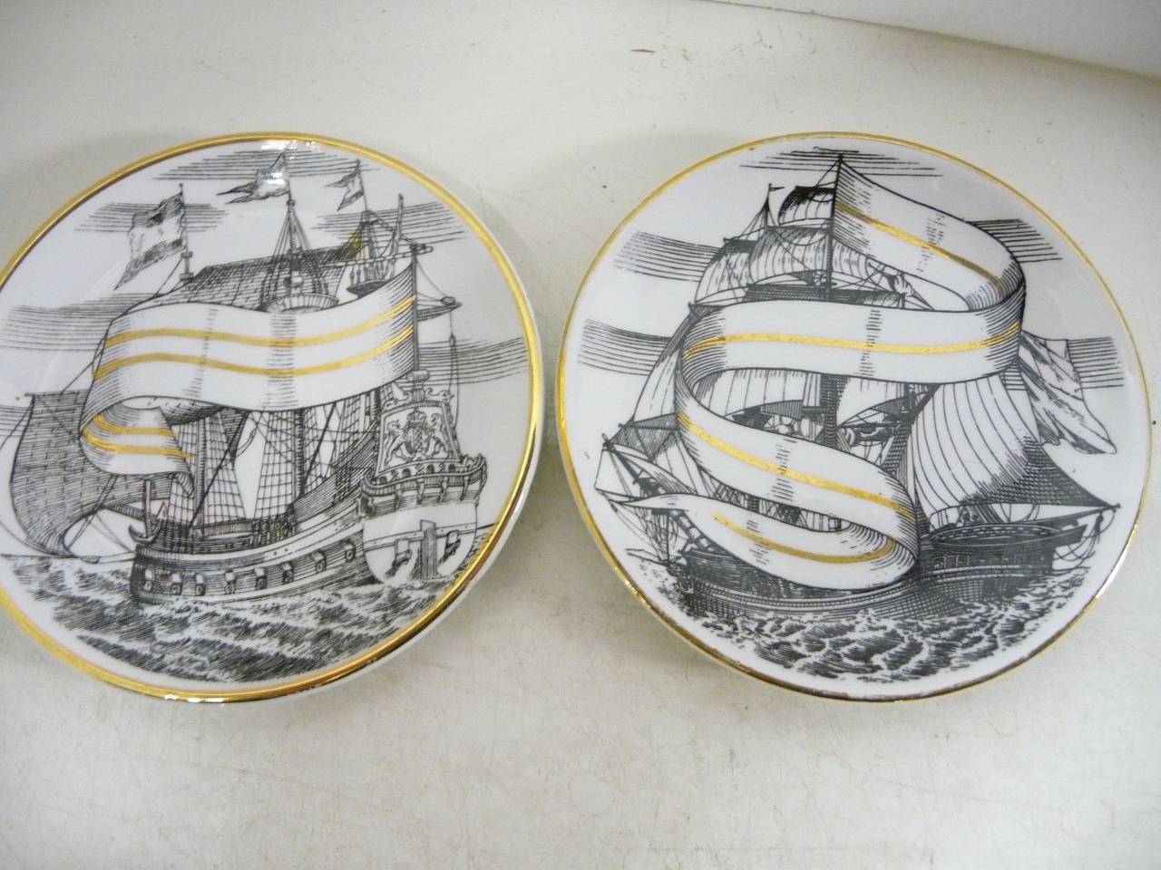 Set of Piero Fornasetti Velieri Tallship Porcelain Coasters with ...