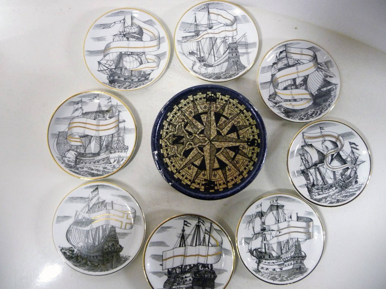 Set of Piero Fornasetti Velieri Tallship Porcelain Coasters with ...