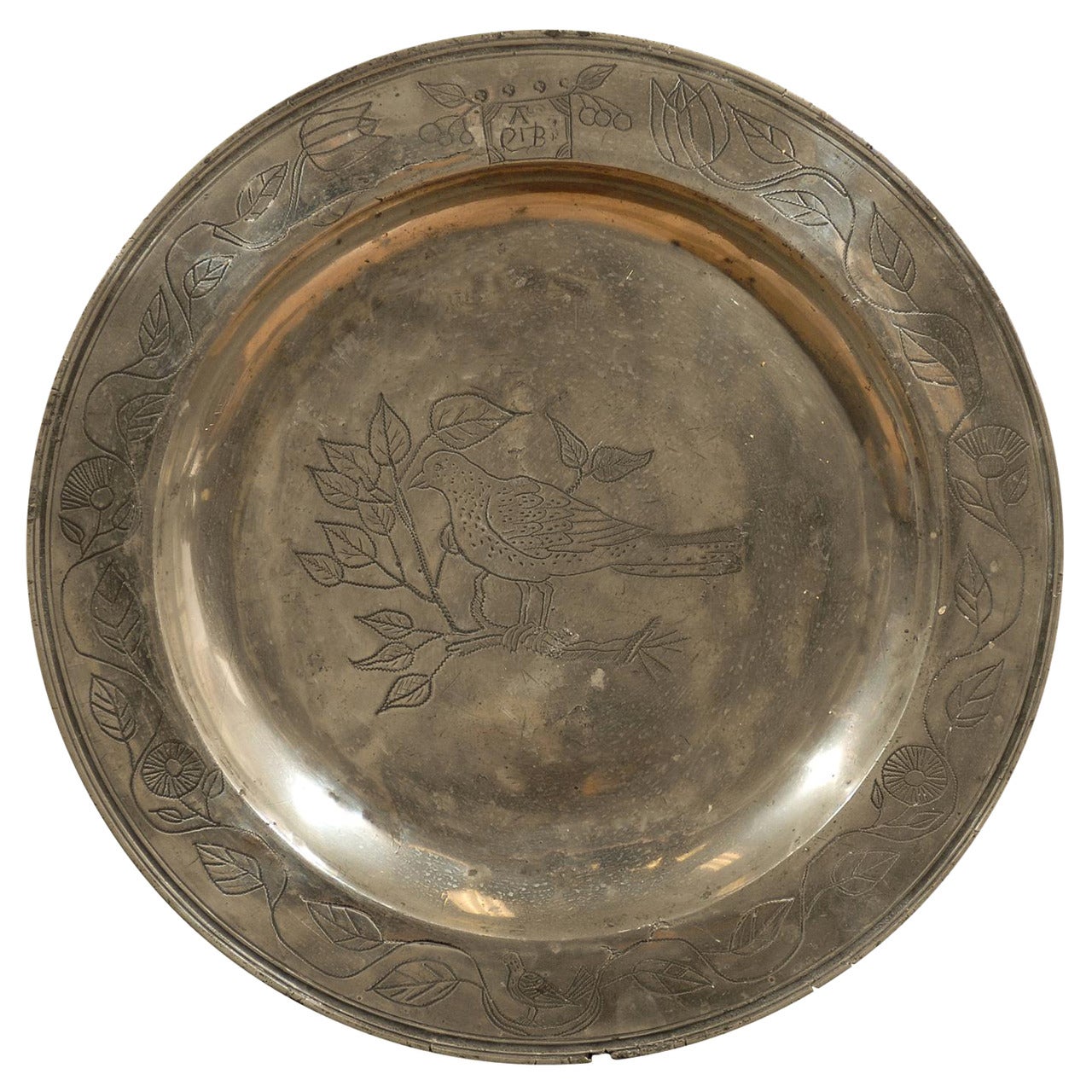 18th Century Wriggle Work Pewter Charger For Sale at 1stDibs