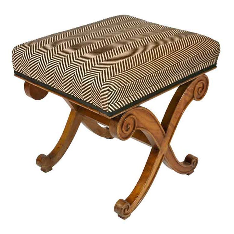 A Handsome Mid-Century Cherrywood Scroll X-Form Base Stool at 1stDibs