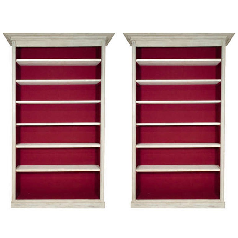 Pair of French Off-White Painted and Red Felt Lined Bookcases at 1stDibs