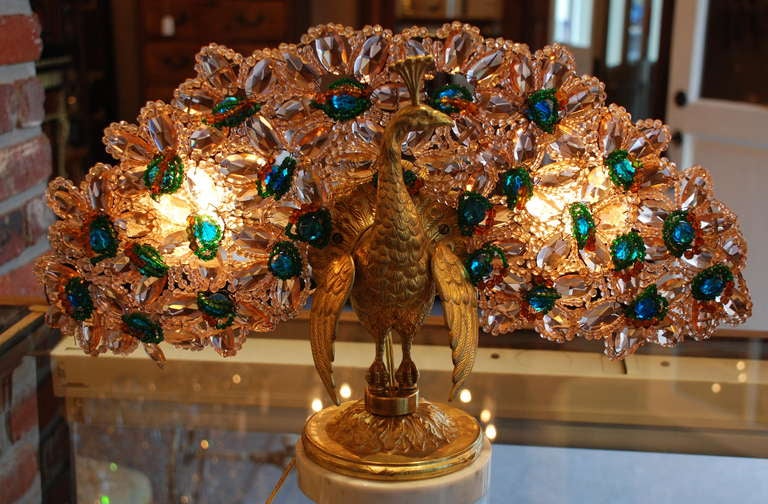 Antique Bronze and Crystal Peacock Lamp, c. 1920's at 1stDibs | peacock ...